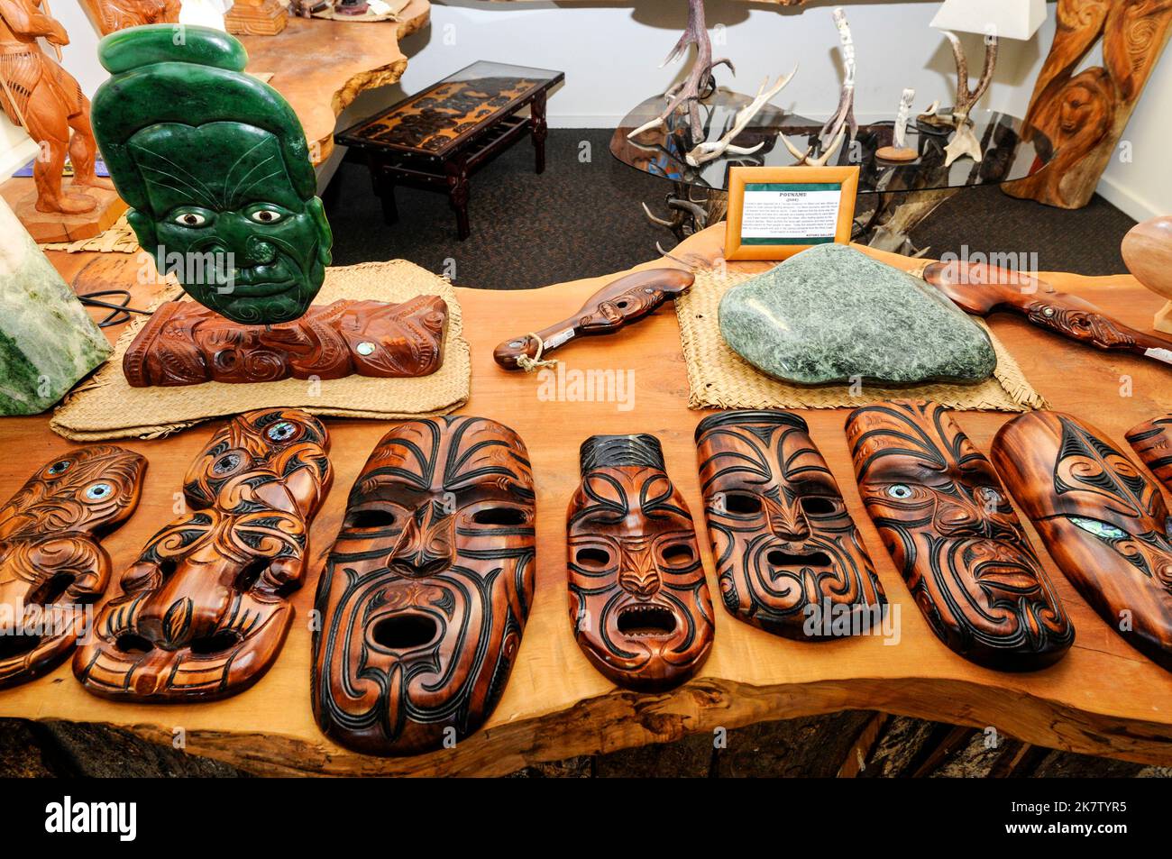 Maori artefacts on sale at a Maori art and crafts gallery in the small ...
