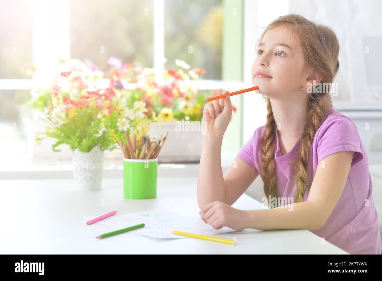 Cute little preschooler child drawing at home Stock Photo - Alamy