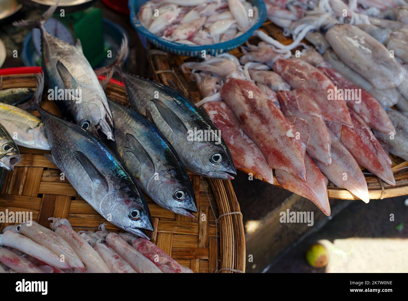 raw exotic fish assortment with moray at asian market top view in Vietnam Stock Photo - Alamy