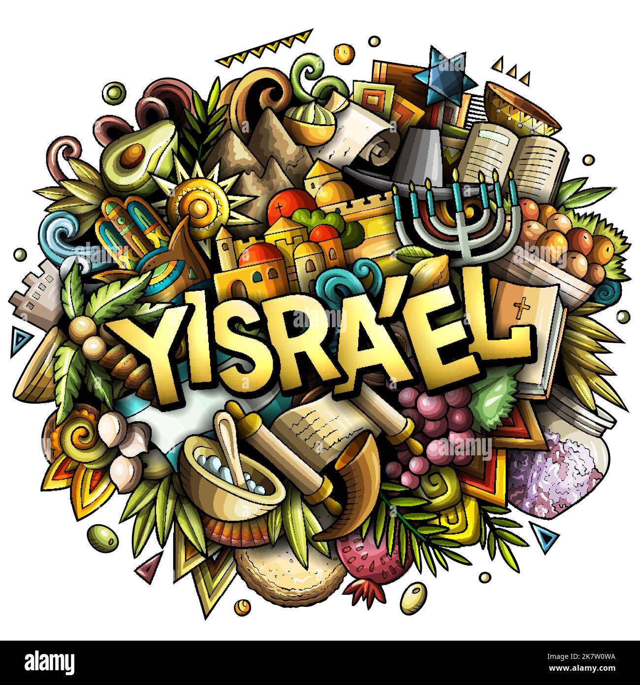 Yisrael Israel hand drawn cartoon doodles illustration. Funny travel ...