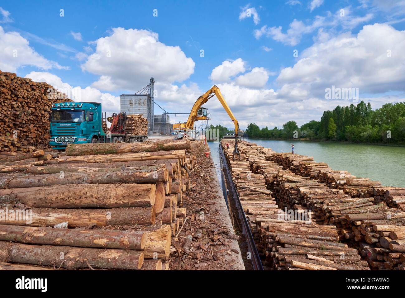 Large barge “Le Condor” loaded with wood in the river port of ...