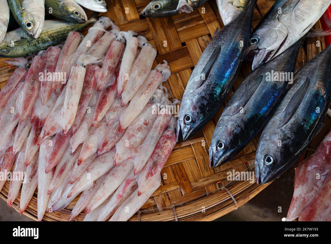 raw exotic fish assortment with moray at asian market top view in Vietnam Stock Photo - Alamy