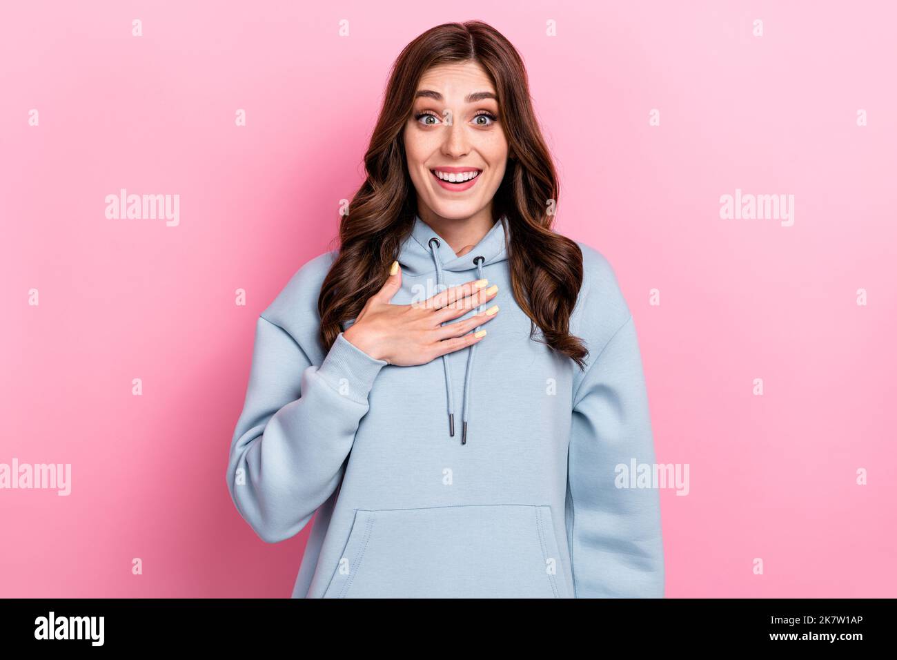 Portrait of satisfied adorable person hand touch chest beaming smile ...