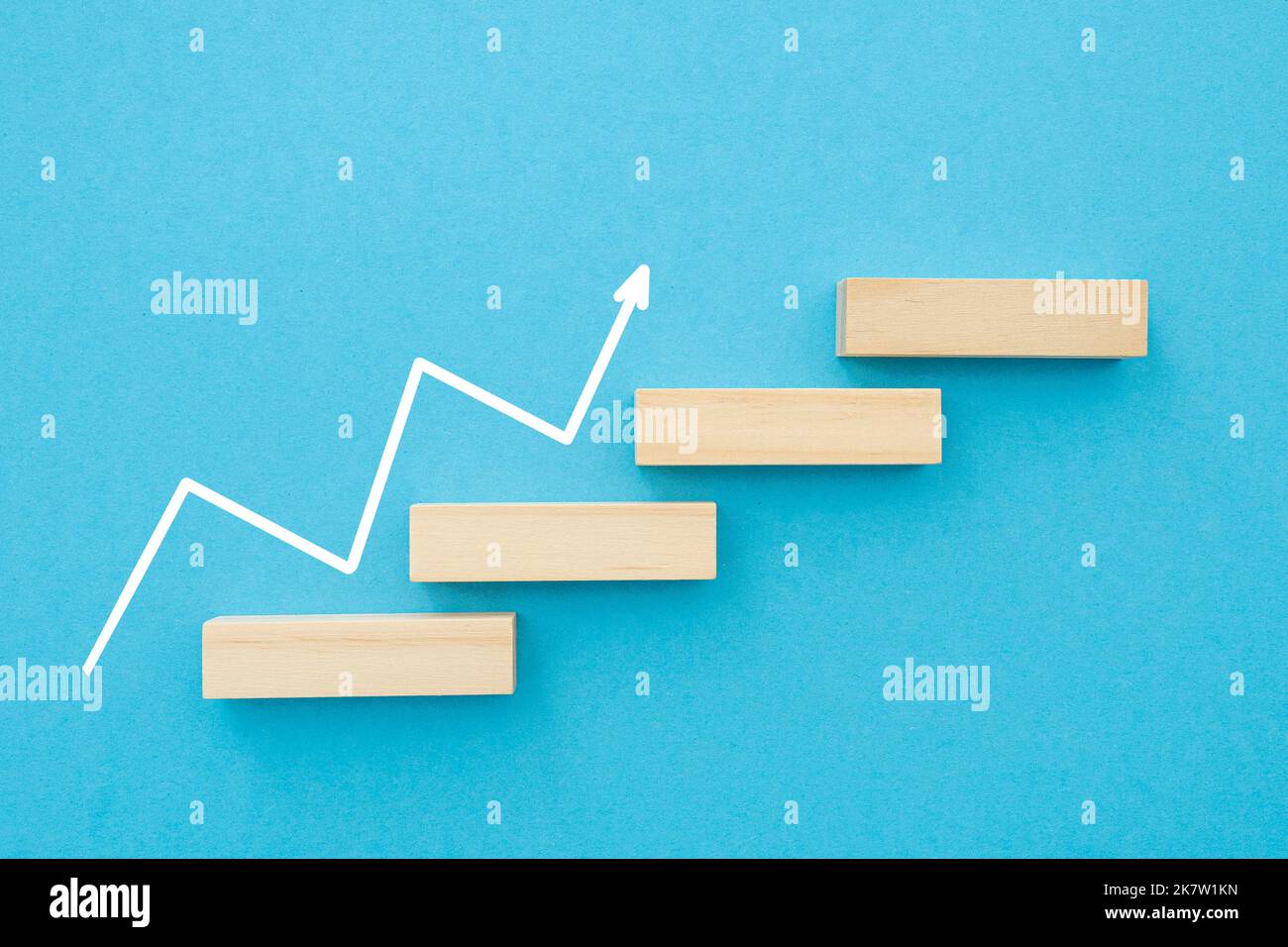 Imitation of wooden stairs and white pointer on blue background ...