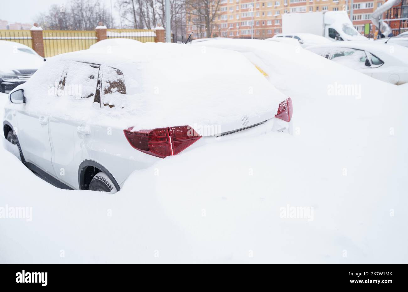 Russia Moscow 13.02.2021 Cars on street covered with snow. City winter ...