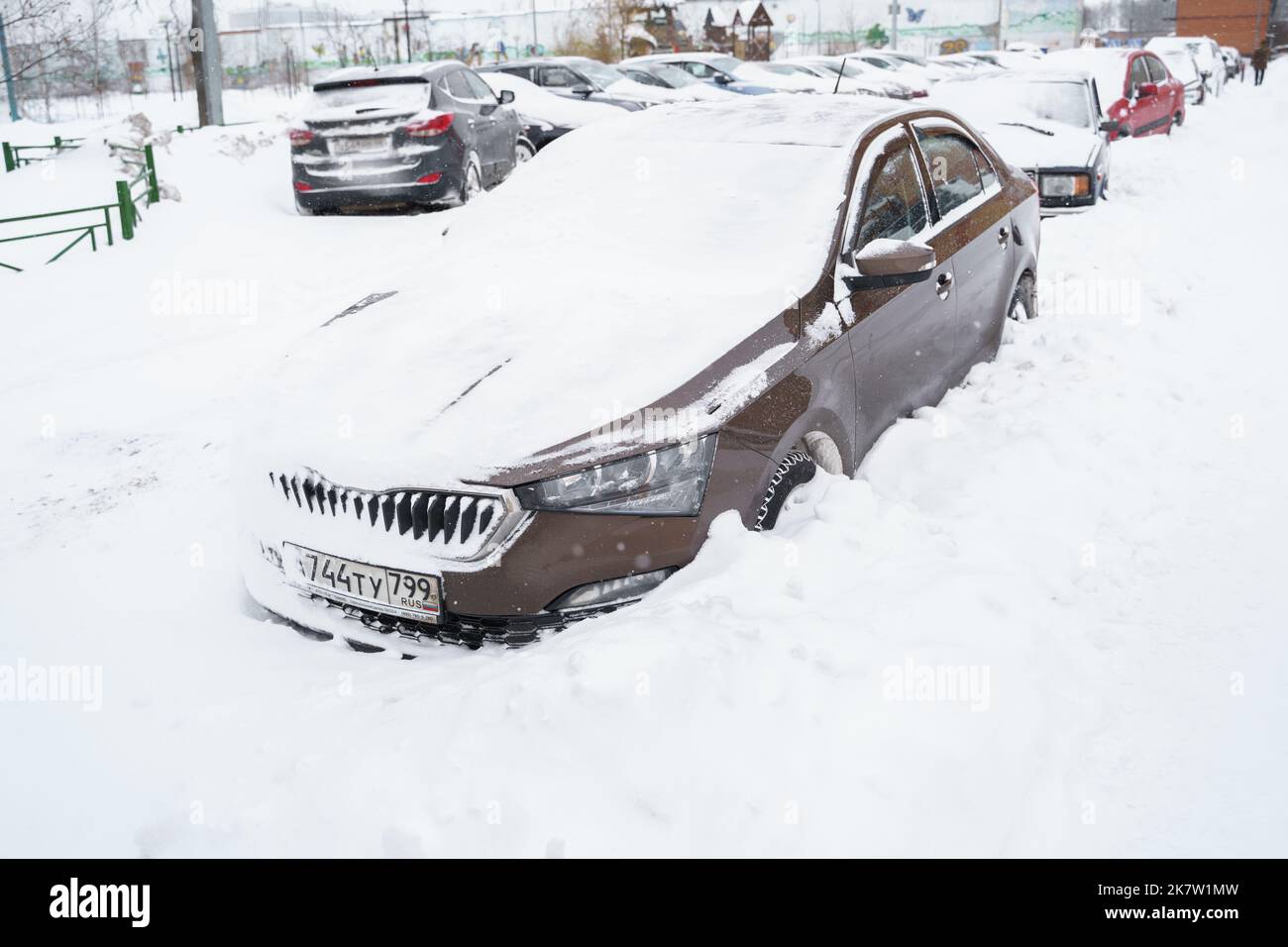 Russia Moscow 13.02.2021 Cars on street covered with snow. City winter ...