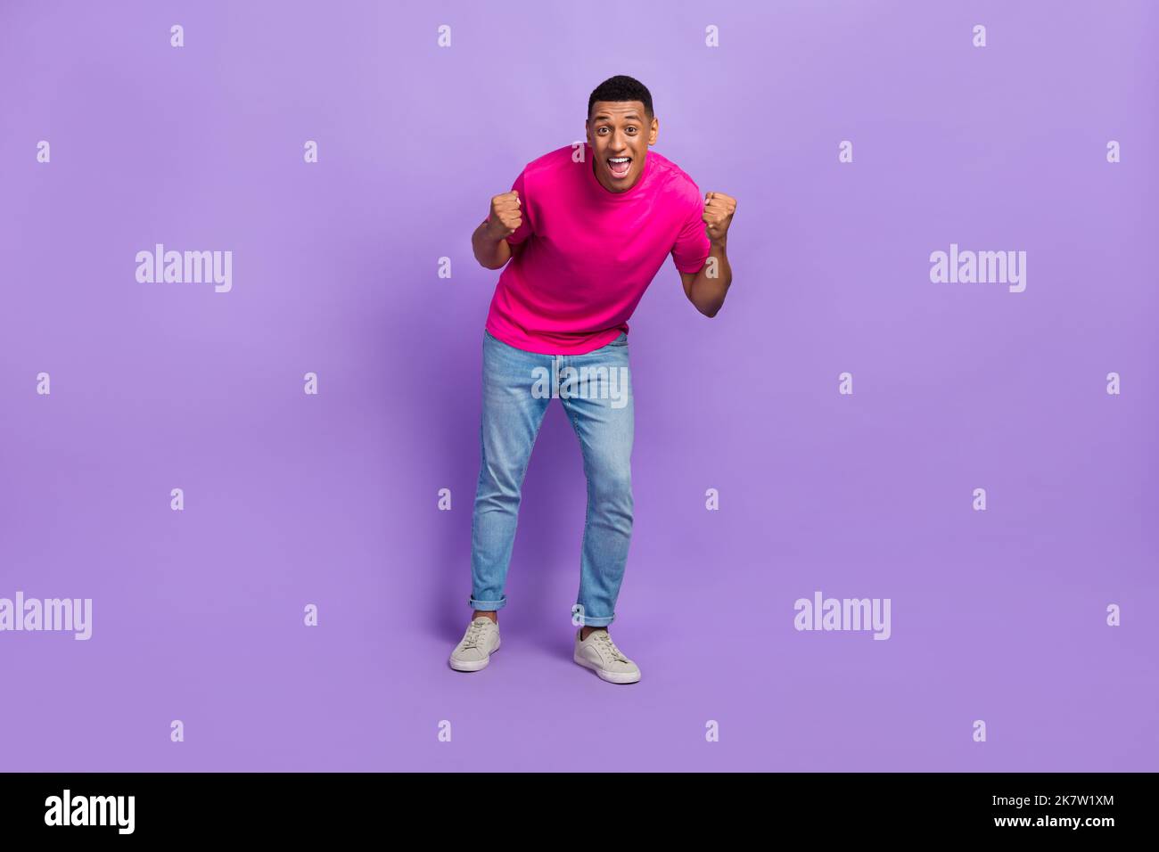 Full length photo of cheerful astonished man wear trendy clothes raise ...