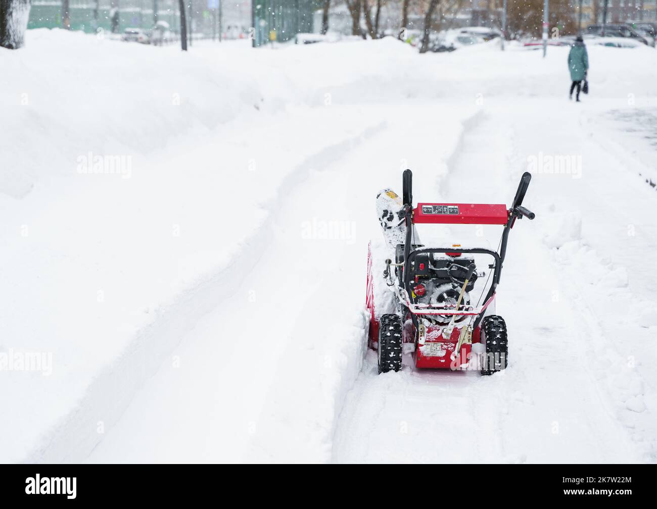 Russia Moscow 13.02.2021 Street snow blower. Self cleaning snow from ...