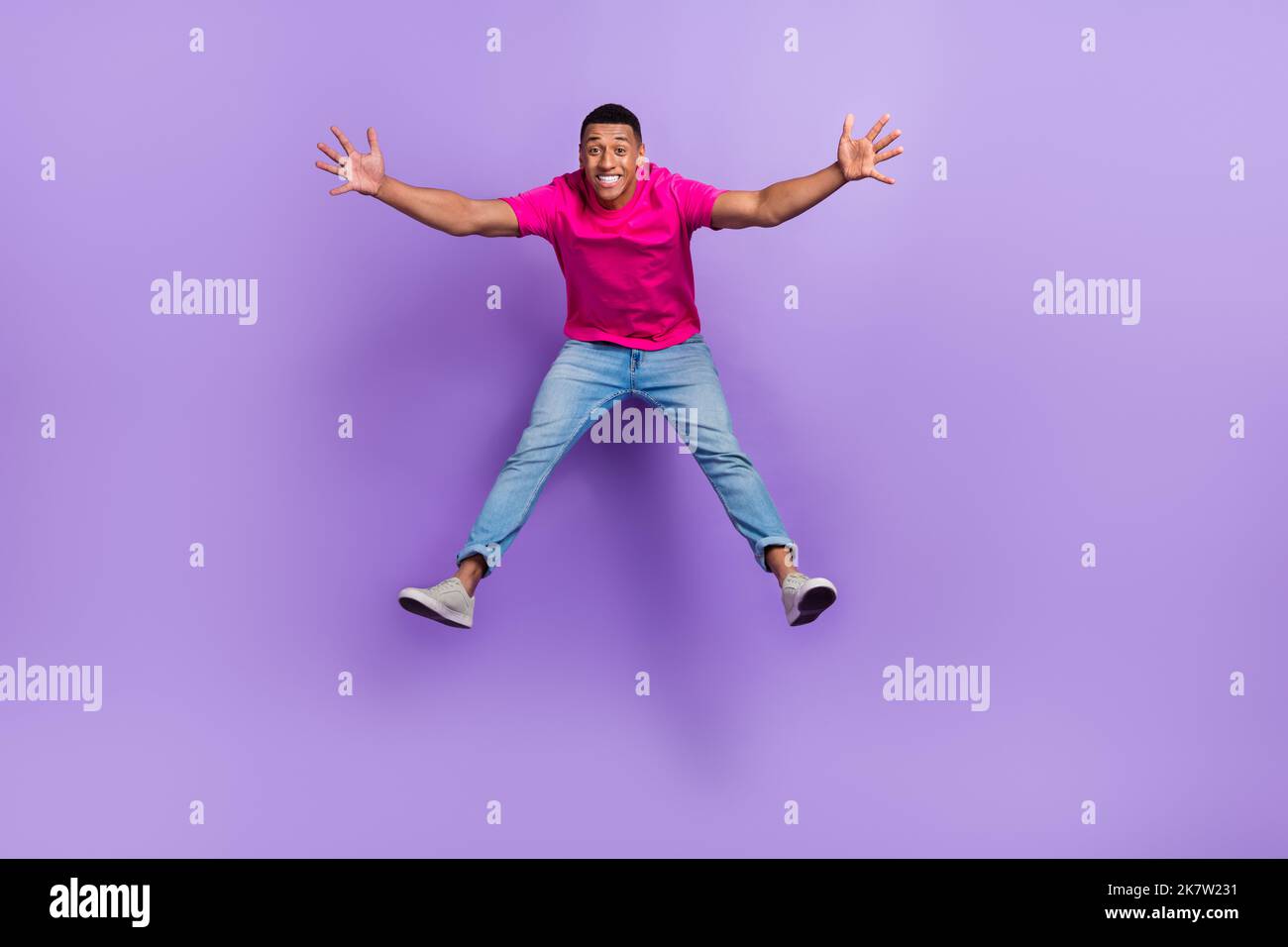 Full size portrait of carefree cheerful person jumping falling isolated ...