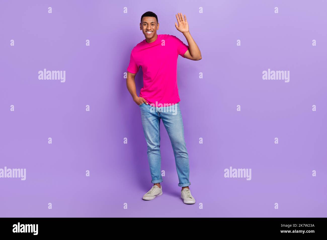 Full length photo of nice glad man wear comfort bright outfit raise arm ...