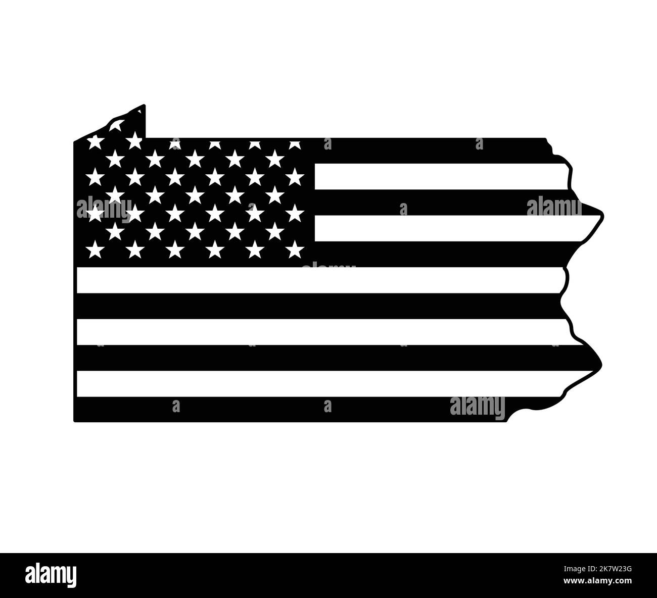 Pennsylvania PA state shape map with USA america flag black and white ...