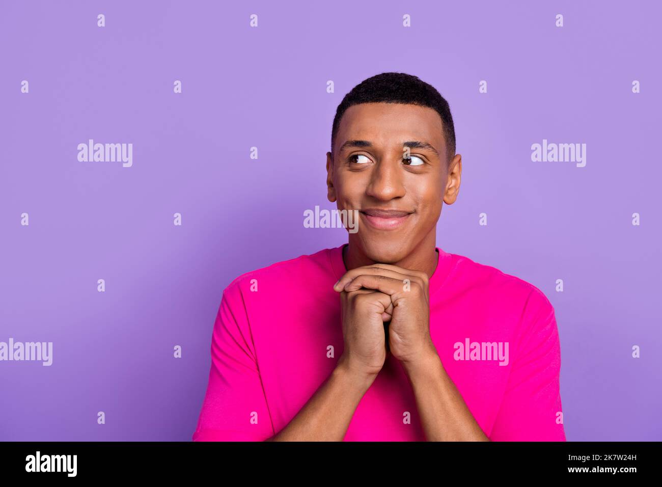Closeup portrait photo of young dreamy guy hands together glad looking ...