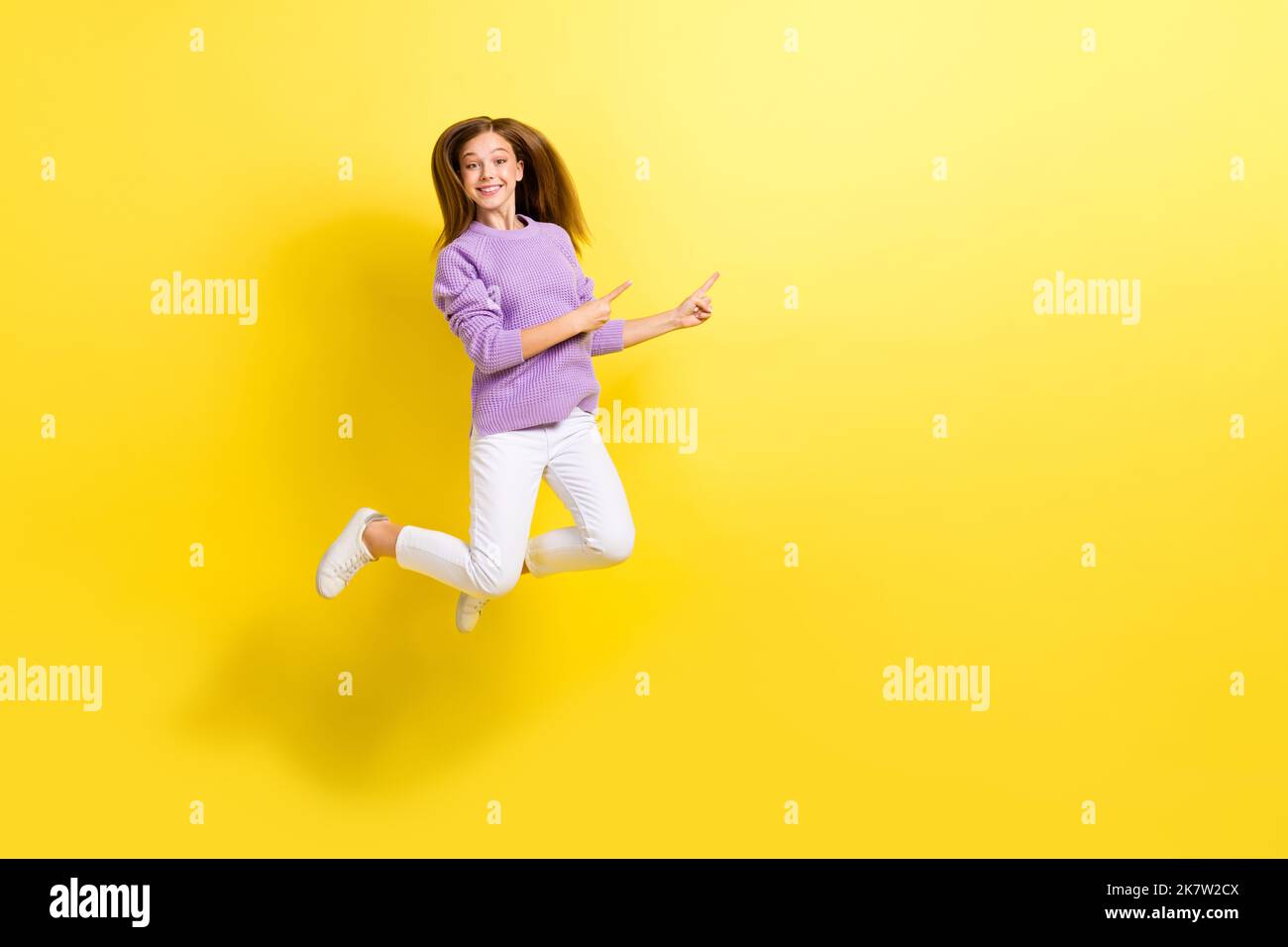 Full length photo of positive overjoyed lady trendy violet sweater two ...