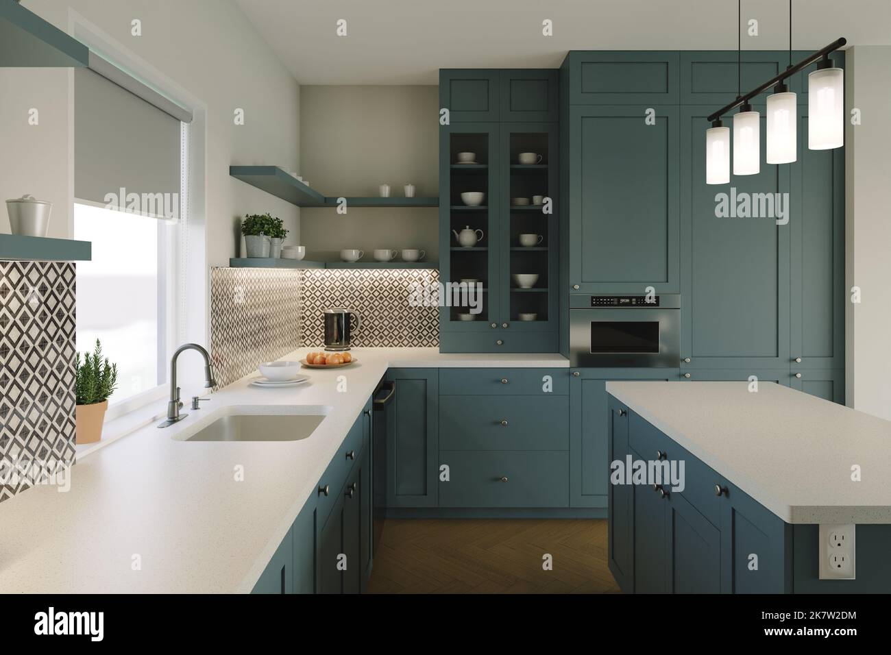 3D rendering of a kitchen with tall cabinets and kitchen utensils Stock ...