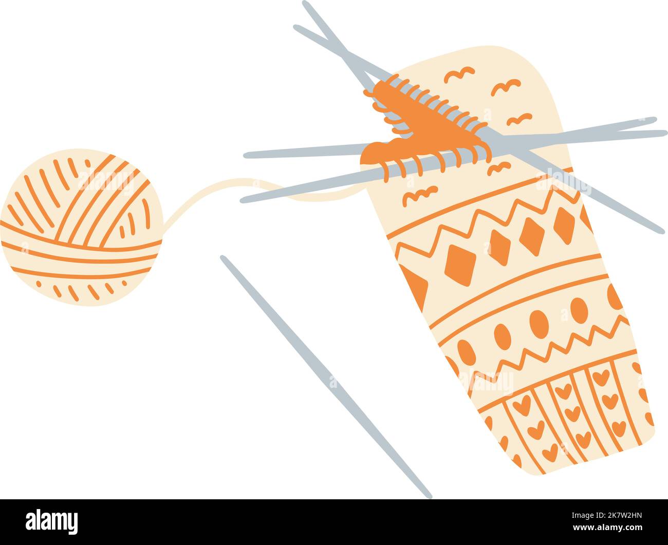 Knitted sock on needles and yarn ball. Hand drawn vector illustration ...