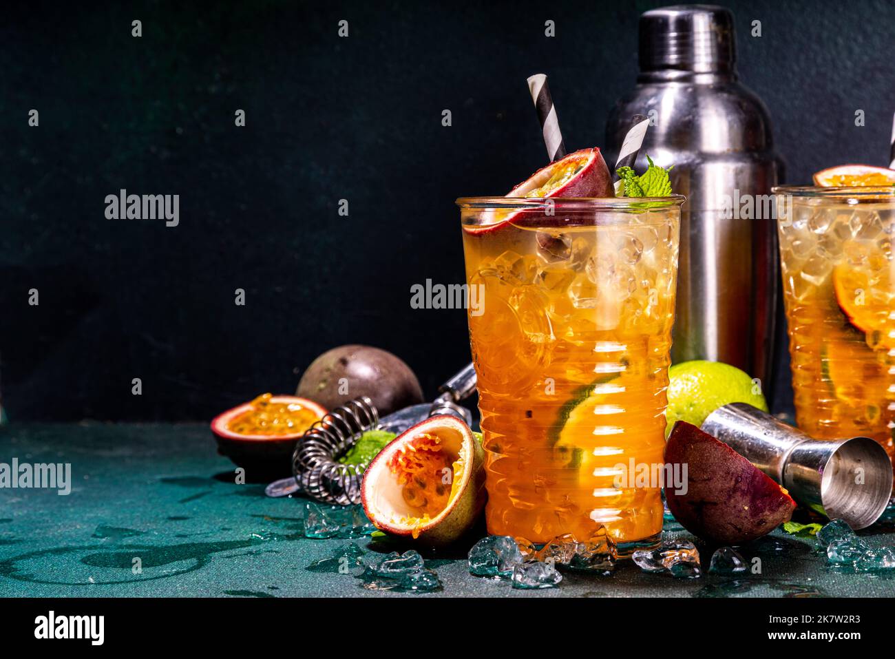 Sweet Colorful Tropical Cocktail With Passion Fruit Lime And Mint