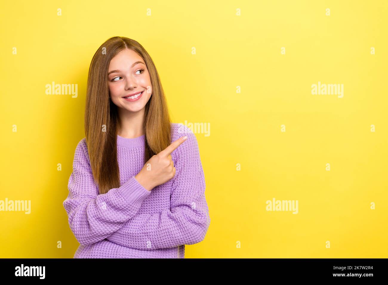 Photo of cheerful satisfied lady trendy violet knitted comfort clothes ...