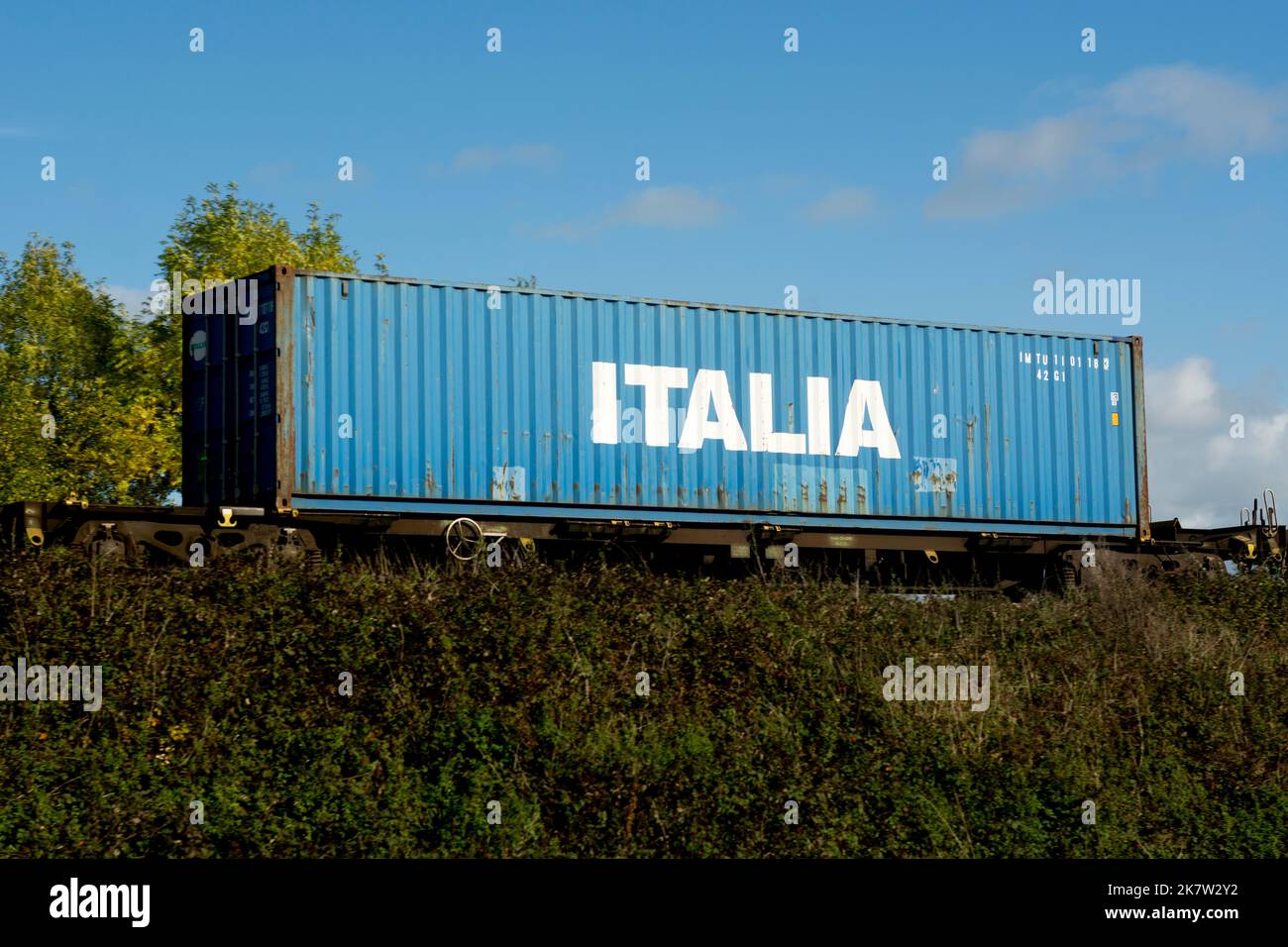 Italia shipping container on a freightliner train, Warwickshire, UK ...