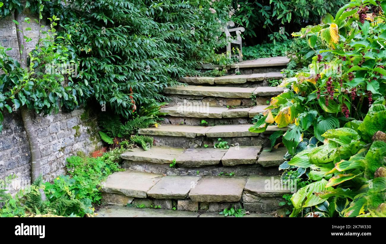 Rustic designed steps in an English country garden - John Gollop Stock ...