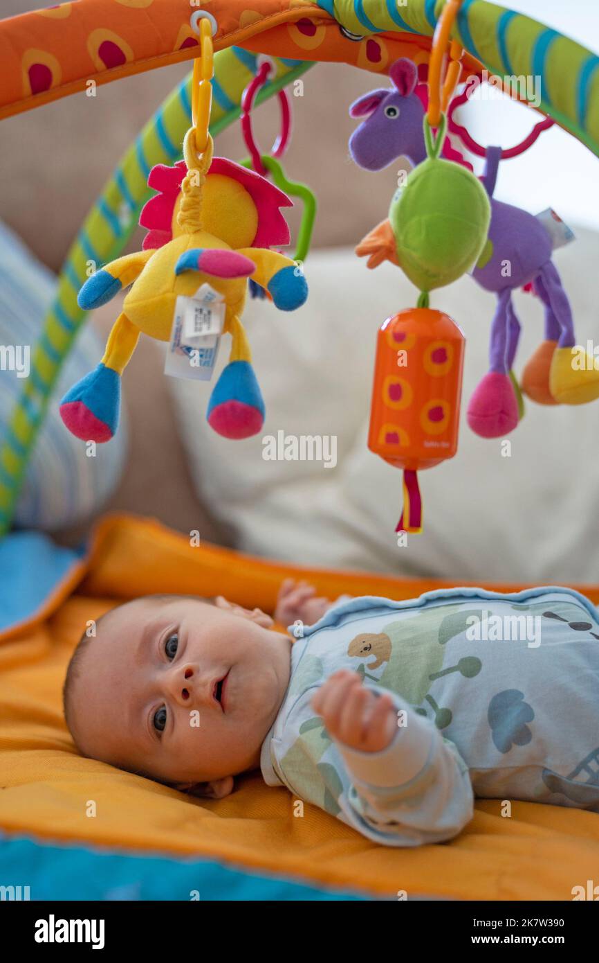 Baby playing on colorful play gym Stock Photo - Alamy