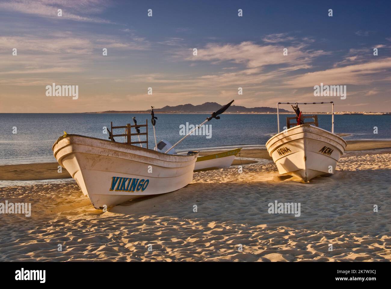 Boats on beach at Bahia de San Felipe, sunrise, in San Felipe, Baja ...