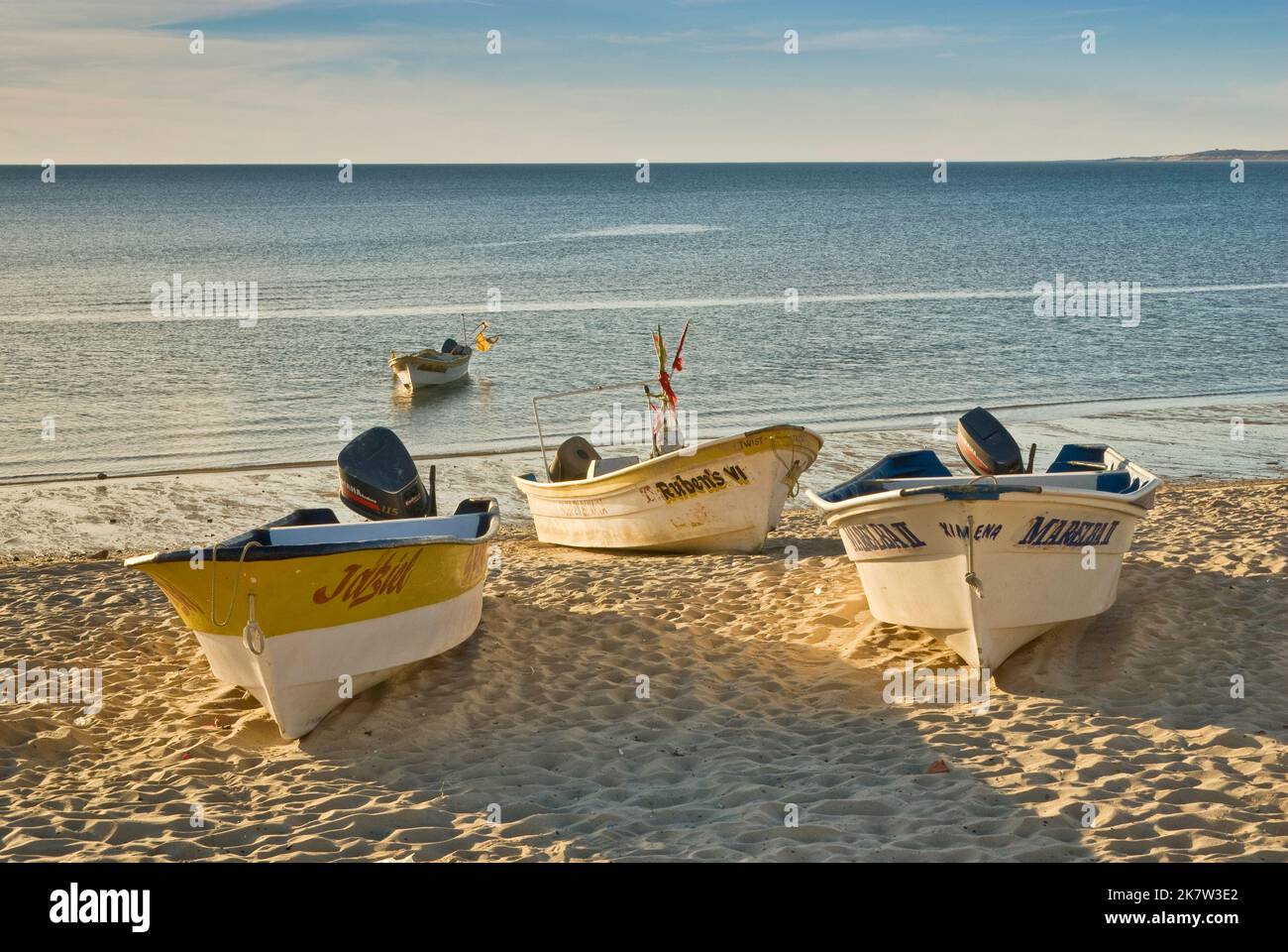Boats on beach at Bahia de San Felipe, sunrise, in San Felipe, Baja ...