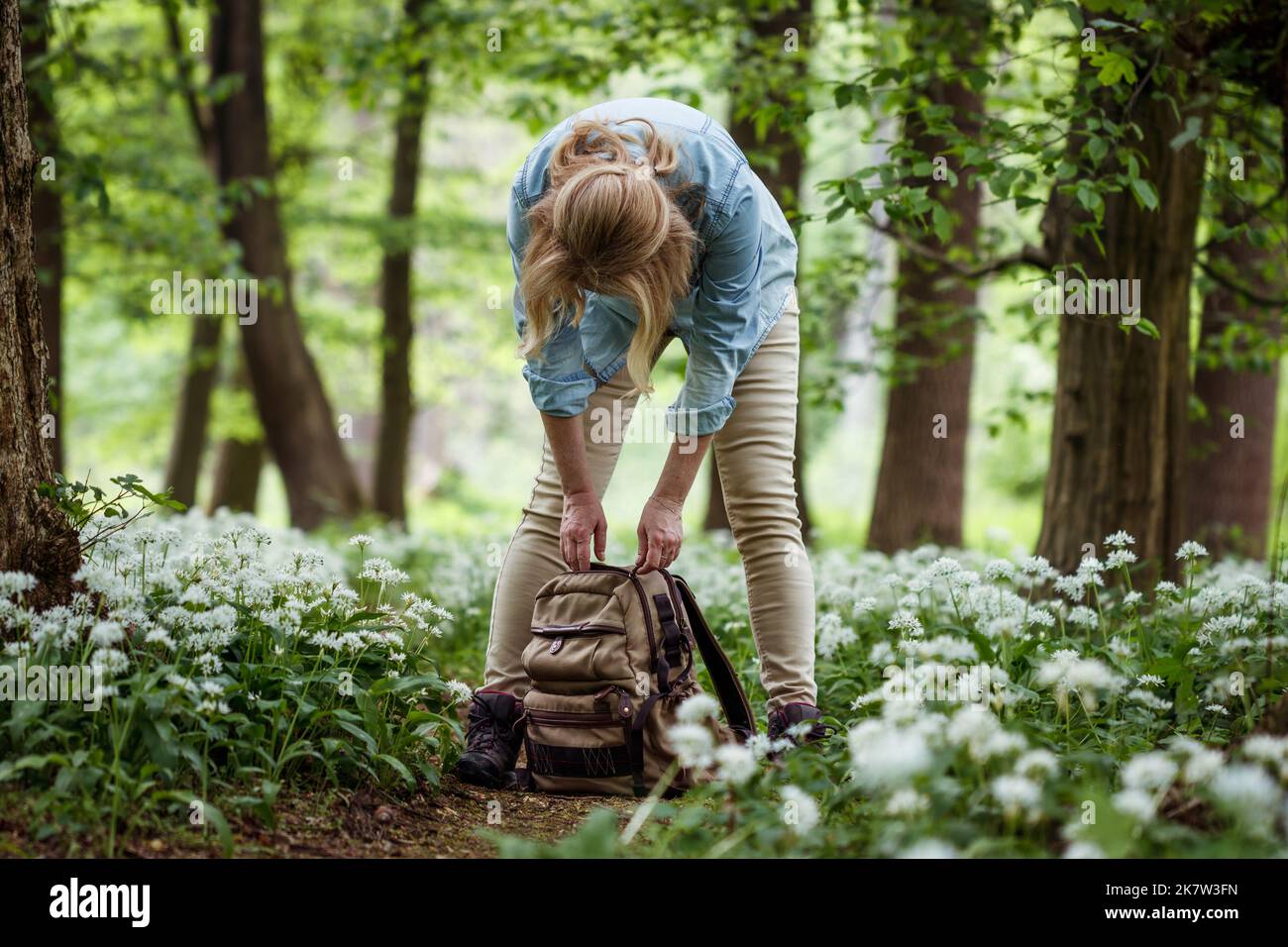 Woman opening backpack during hiking in spring forest. Woodland with ...