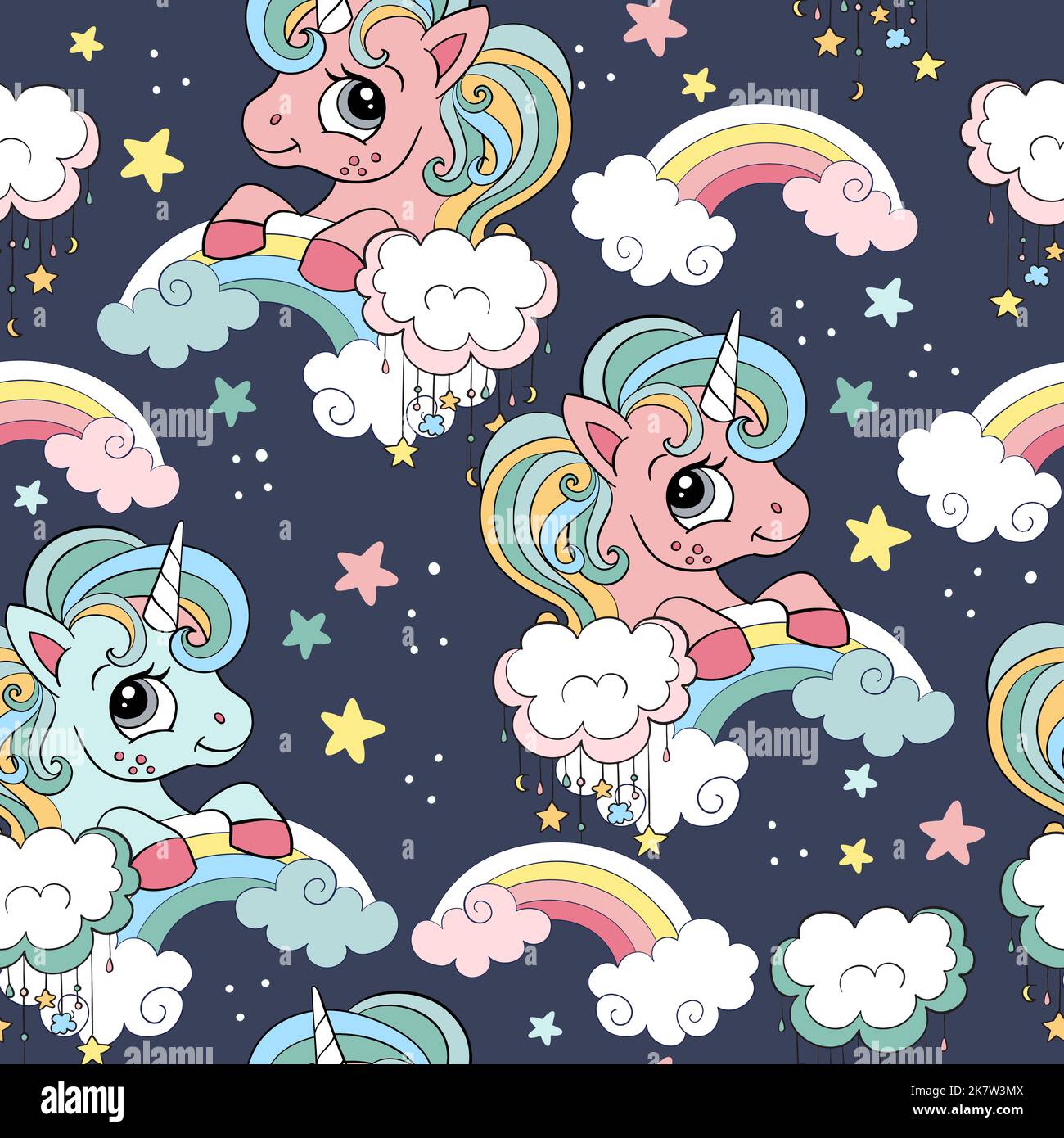 Seamless pattern with cute baby unicorns on a rainbow in soft pastel ...