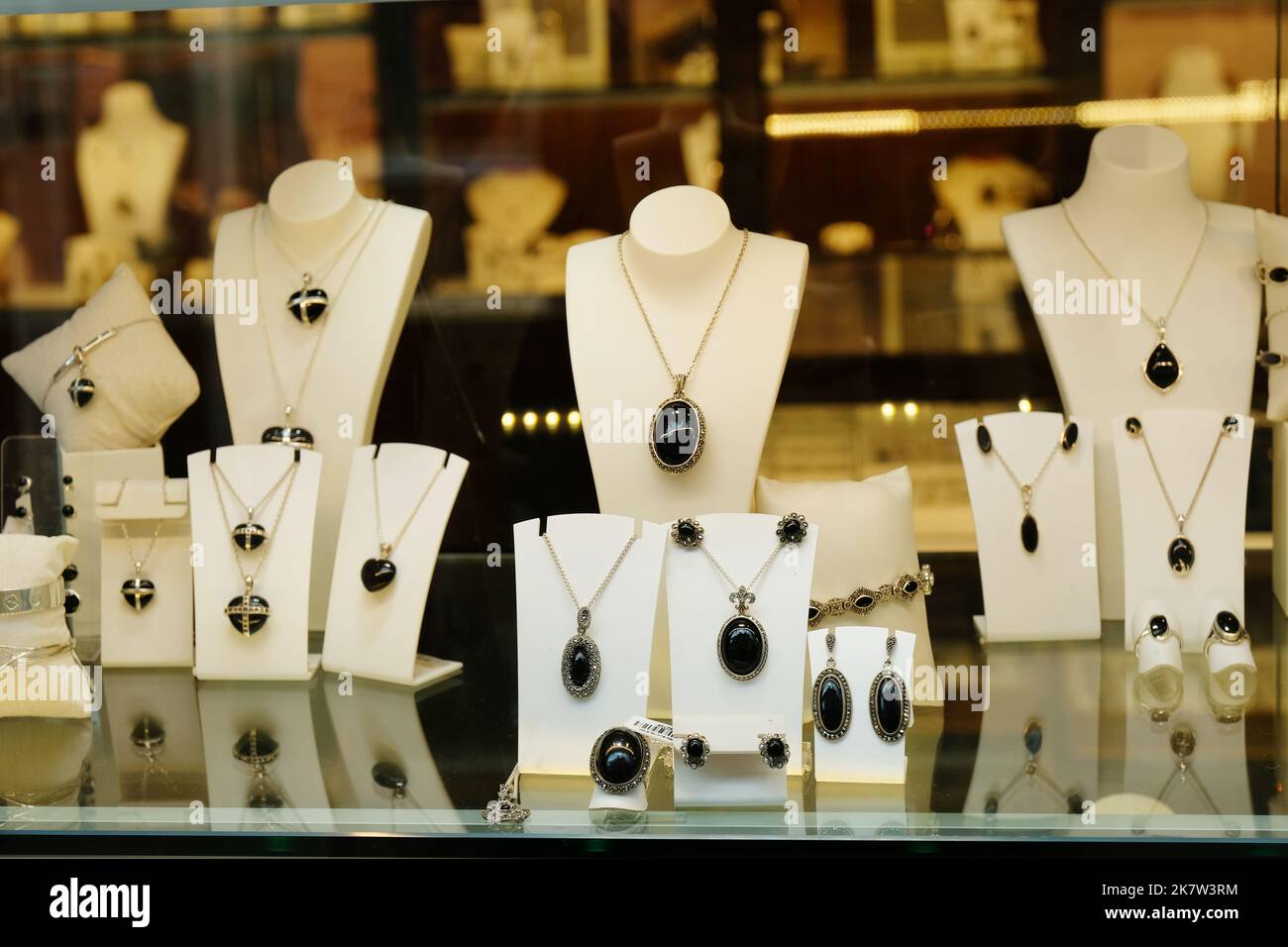 Window display showing Whitby jet jewellery, Yorkshire, UK - John ...