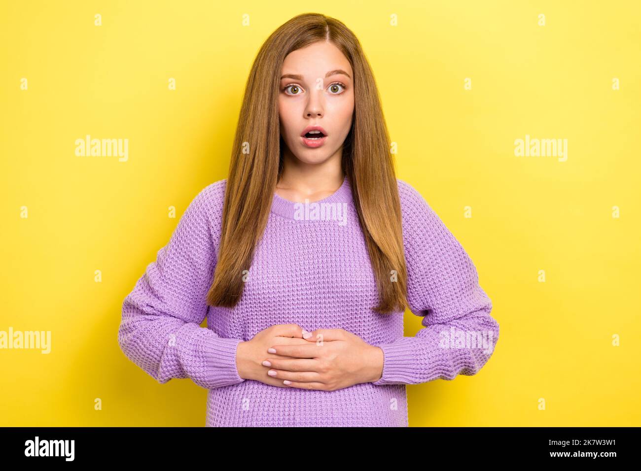 Photo of upset afraid lady wear stylish violet jumper hand touch belly ...