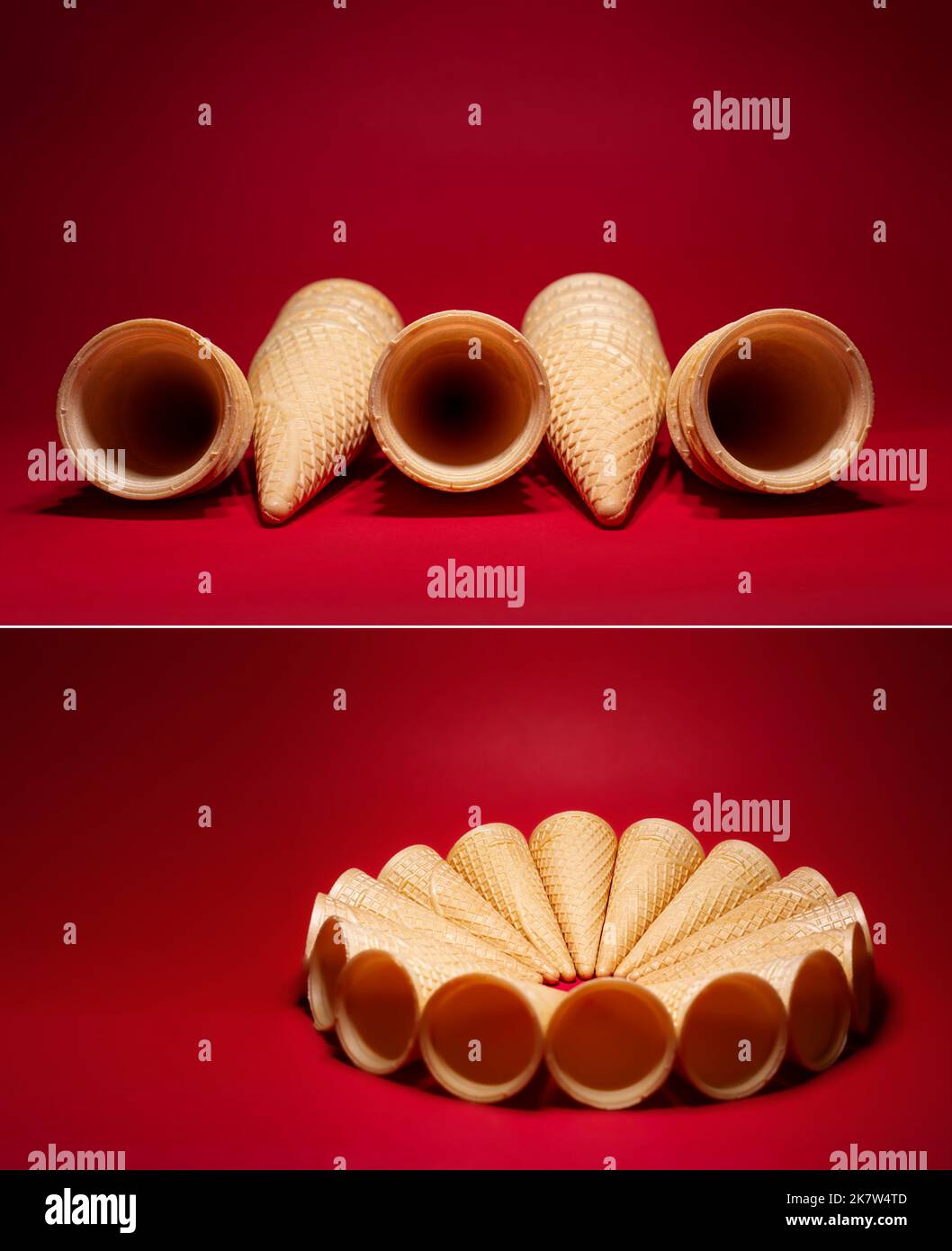 Set of a group of empty waffles cones on red background Stock Photo - Alamy