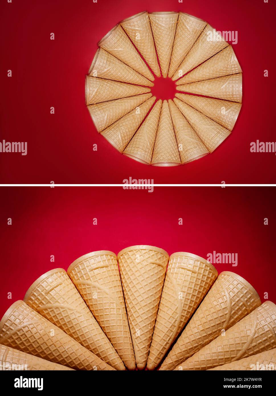 Set of a group of empty waffles cones on red background Stock Photo - Alamy