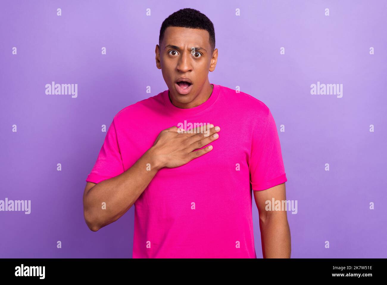 Portrait photo of young shocked guy touch chest palm honest reaction ...