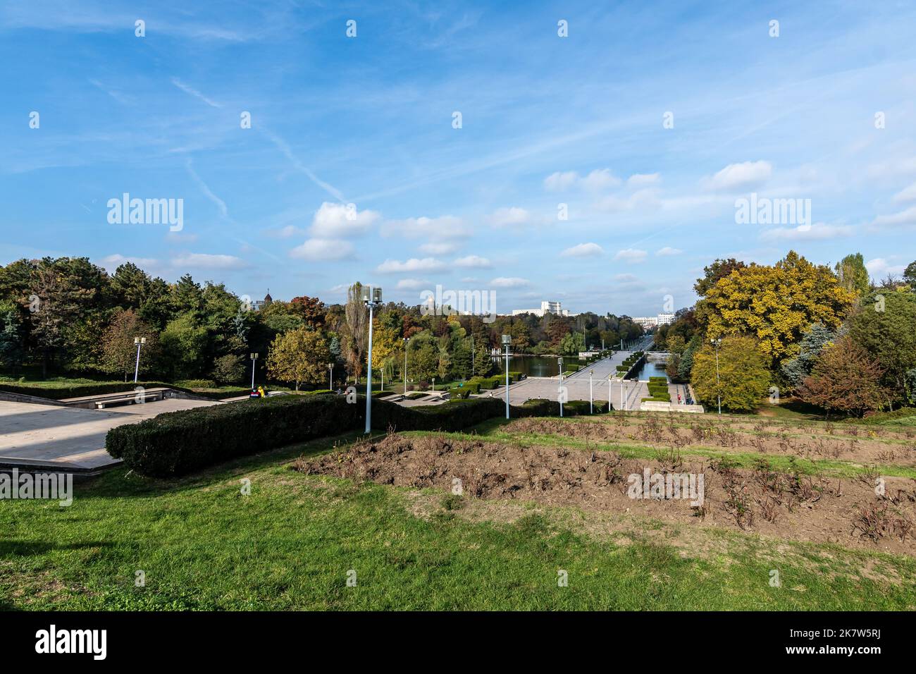 Landscape with the main alley surrounded by green, yellow, orange and ...