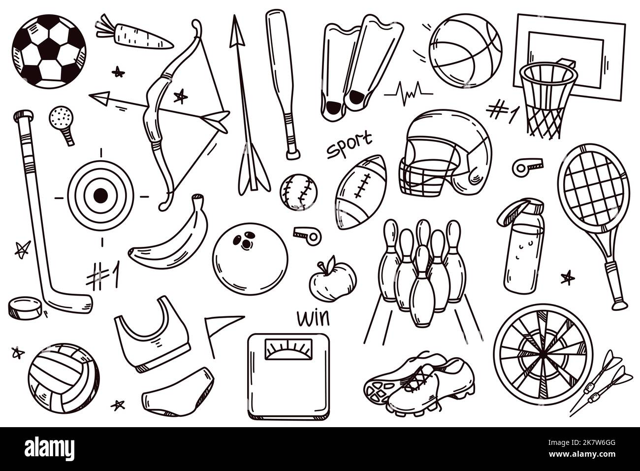 Hand drawn vector illustration set of sport doodle icons. Sports ...