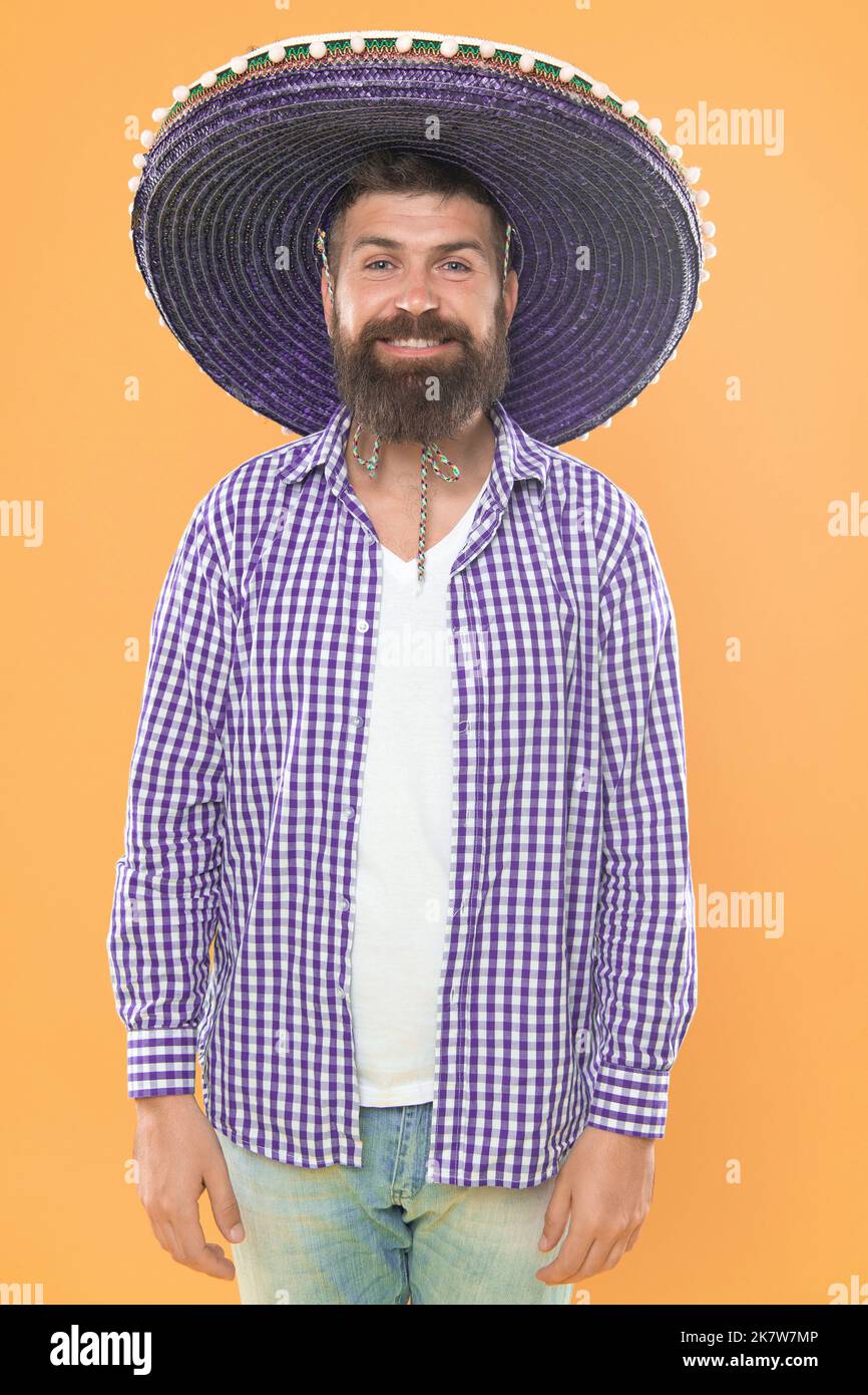 Man wear sombrero mexican hat. Mexican culture concept. Celebrate ...