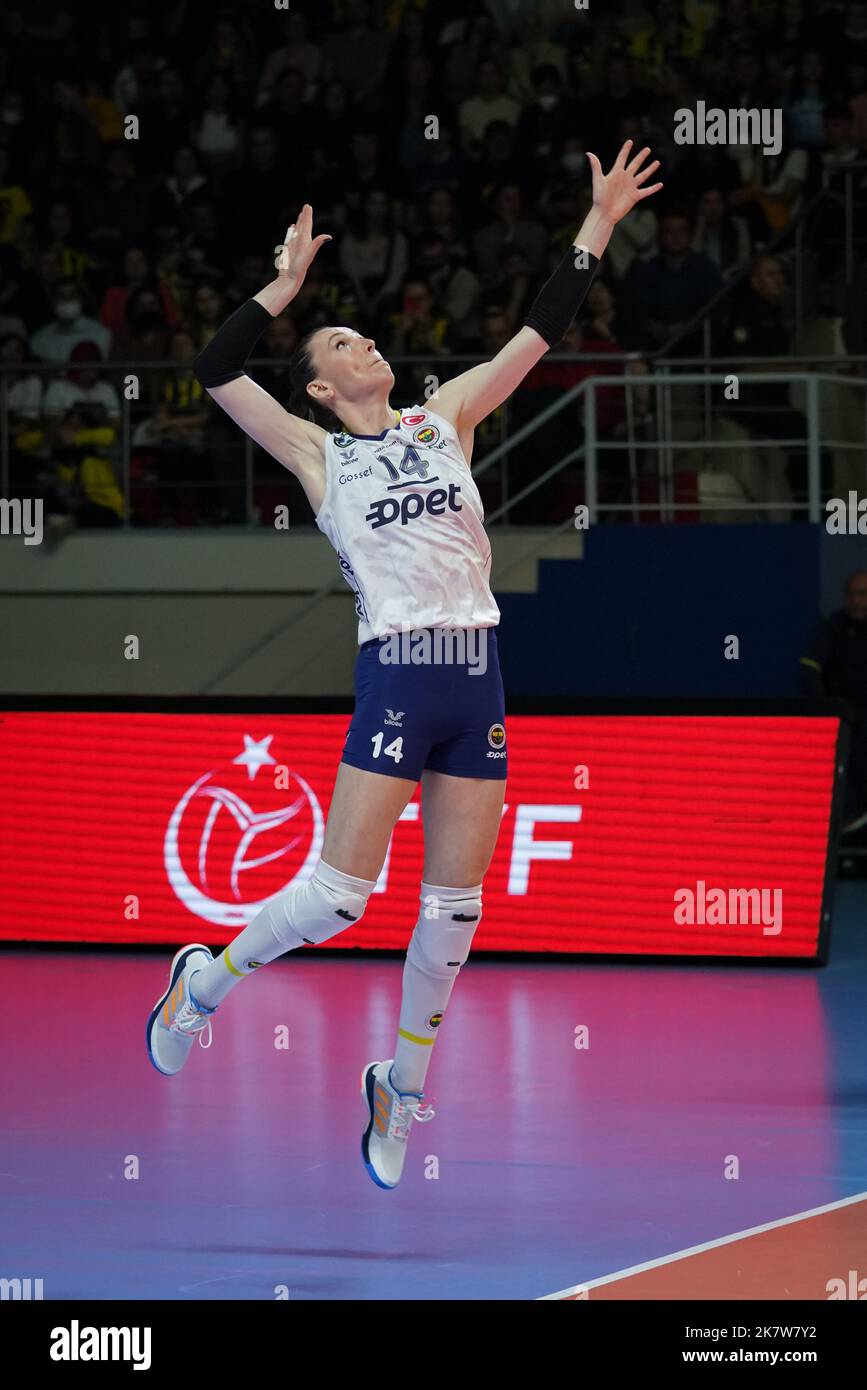ISTANBUL, TURKEY - MAY 09, 2022: Eda Erdem Dundar serves during ...