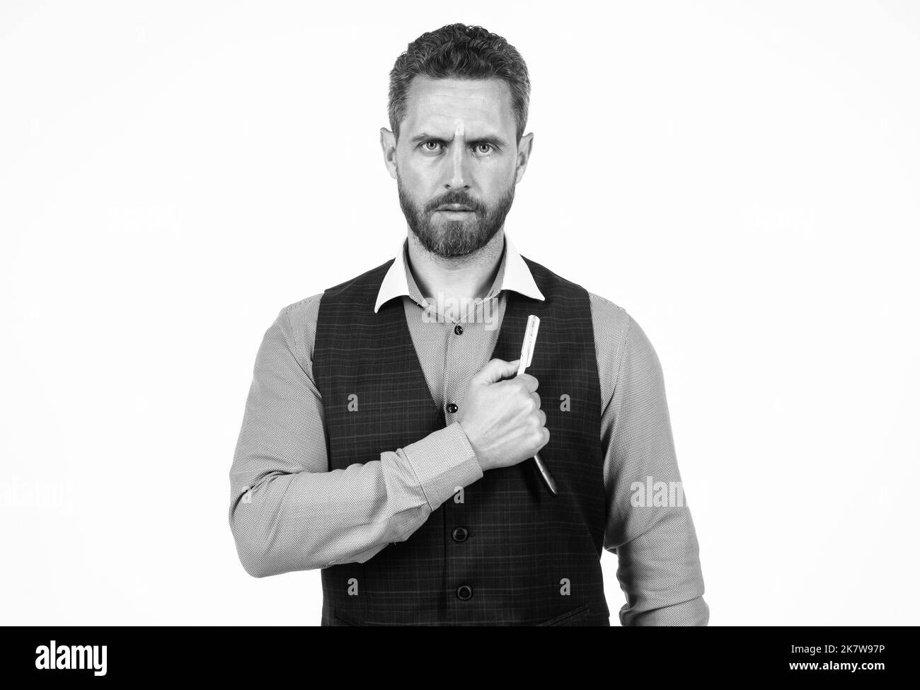 Stylish brunette man in barbershop Black and White Stock Photos ...