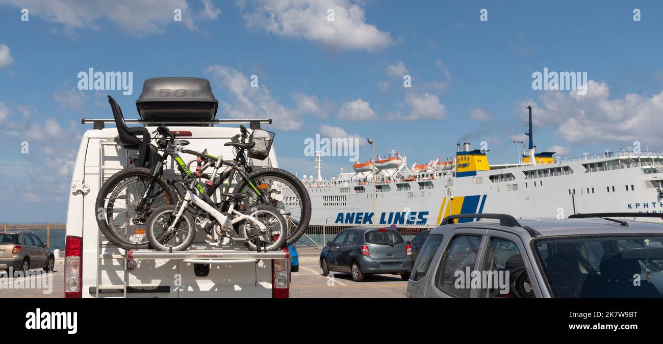 Port of Heraklion, Crete, Greece. 2022. Parked vehicle with bikes ...