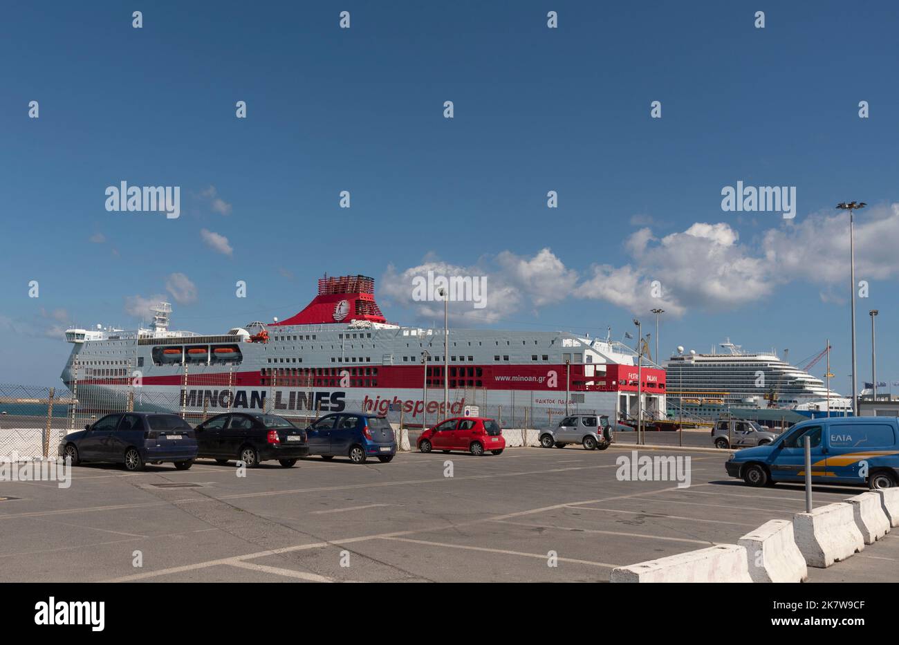 Port of Heraklion, Crete, Greece. 2022. Parked cars and an inter island ...