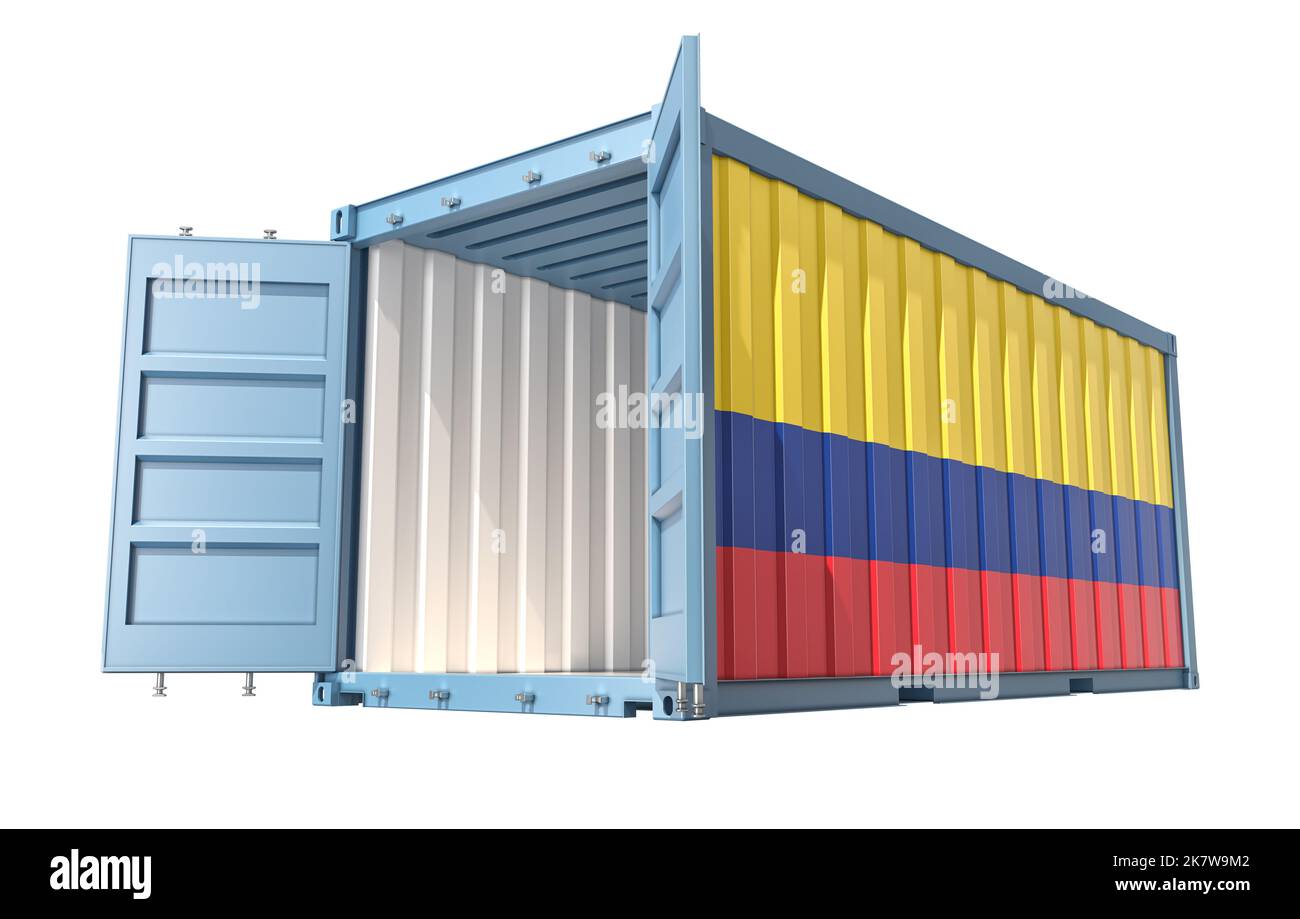 Cargo Container with open doors and Colombia national flag design. 3D ...
