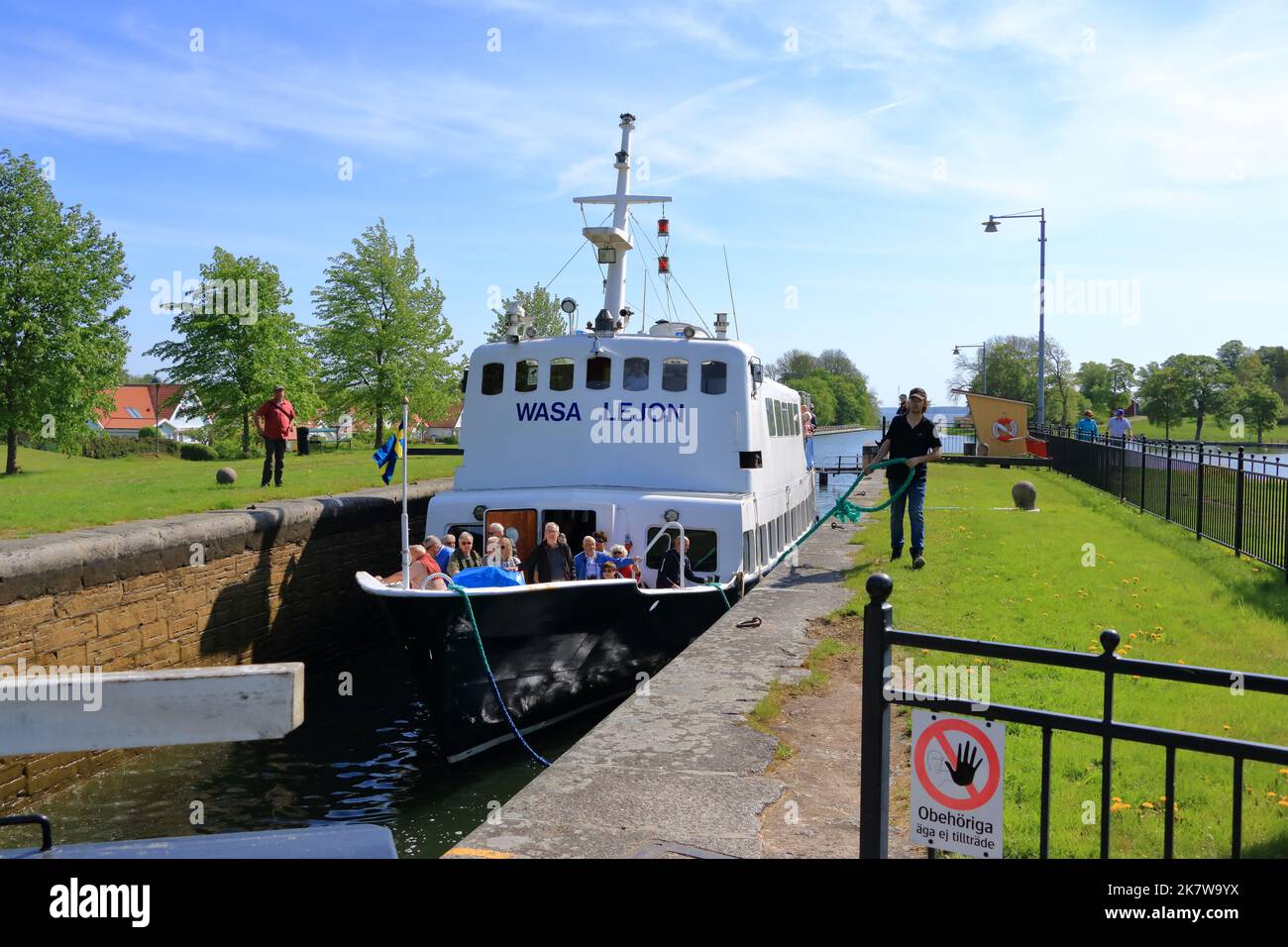 May 24 2022 - Linkoping, Berg in Sweden: lock of a ship in the lock ...