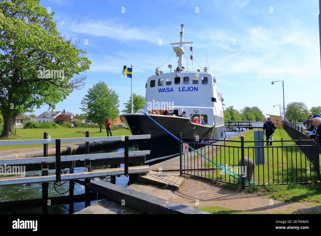 May 24 2022 - Linkoping, Berg in Sweden: lock of a ship in the lock ...
