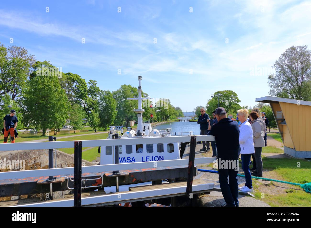 May 24 2022 - Linkoping, Berg in Sweden: lock of a ship in the lock ...