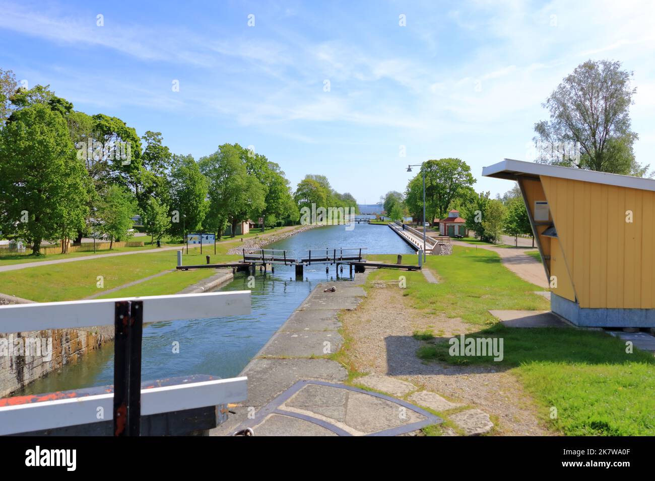 May 24 2022 - Linkoping, Berg in Sweden: lock of a ship in the lock ...