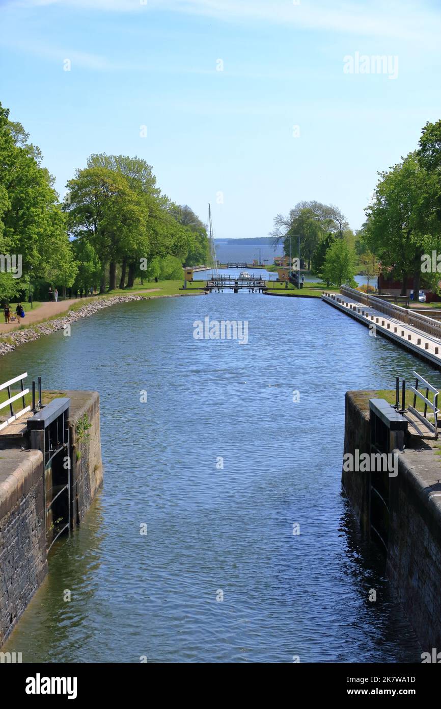 May 24 2022 - Linkoping, Berg in Sweden: lock of a ship in the lock ...