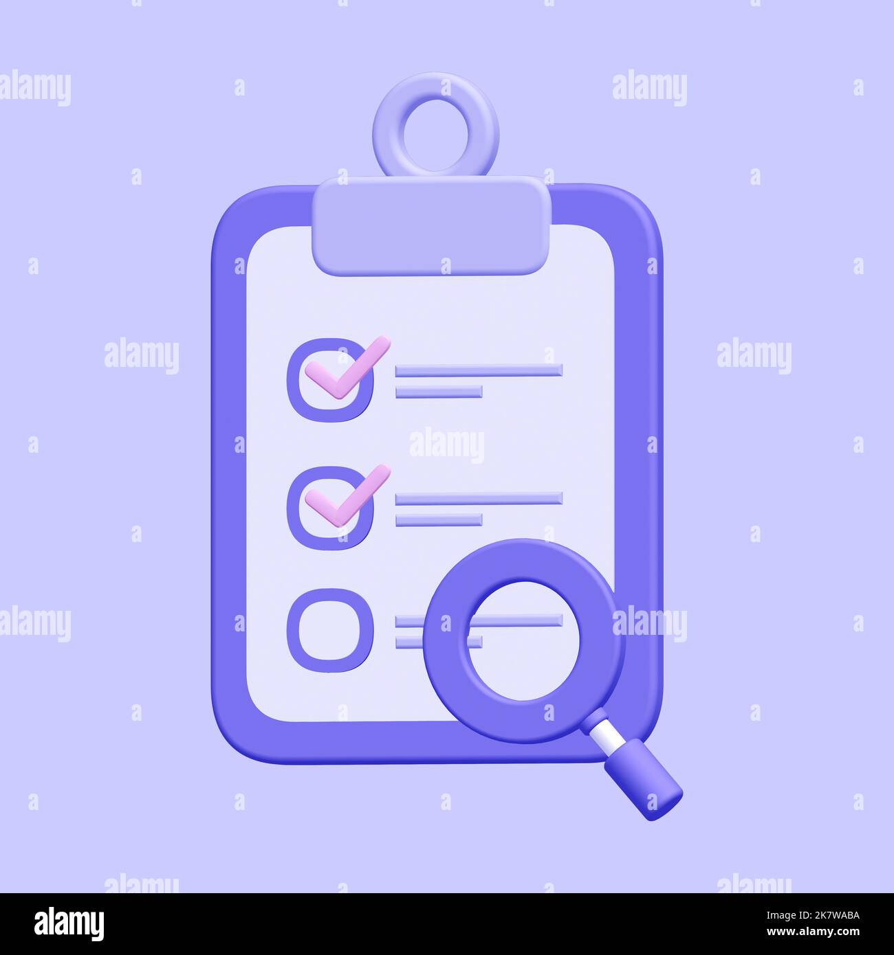 Document checklist icon with magnifying glass. Isolated on blue. 3D ...