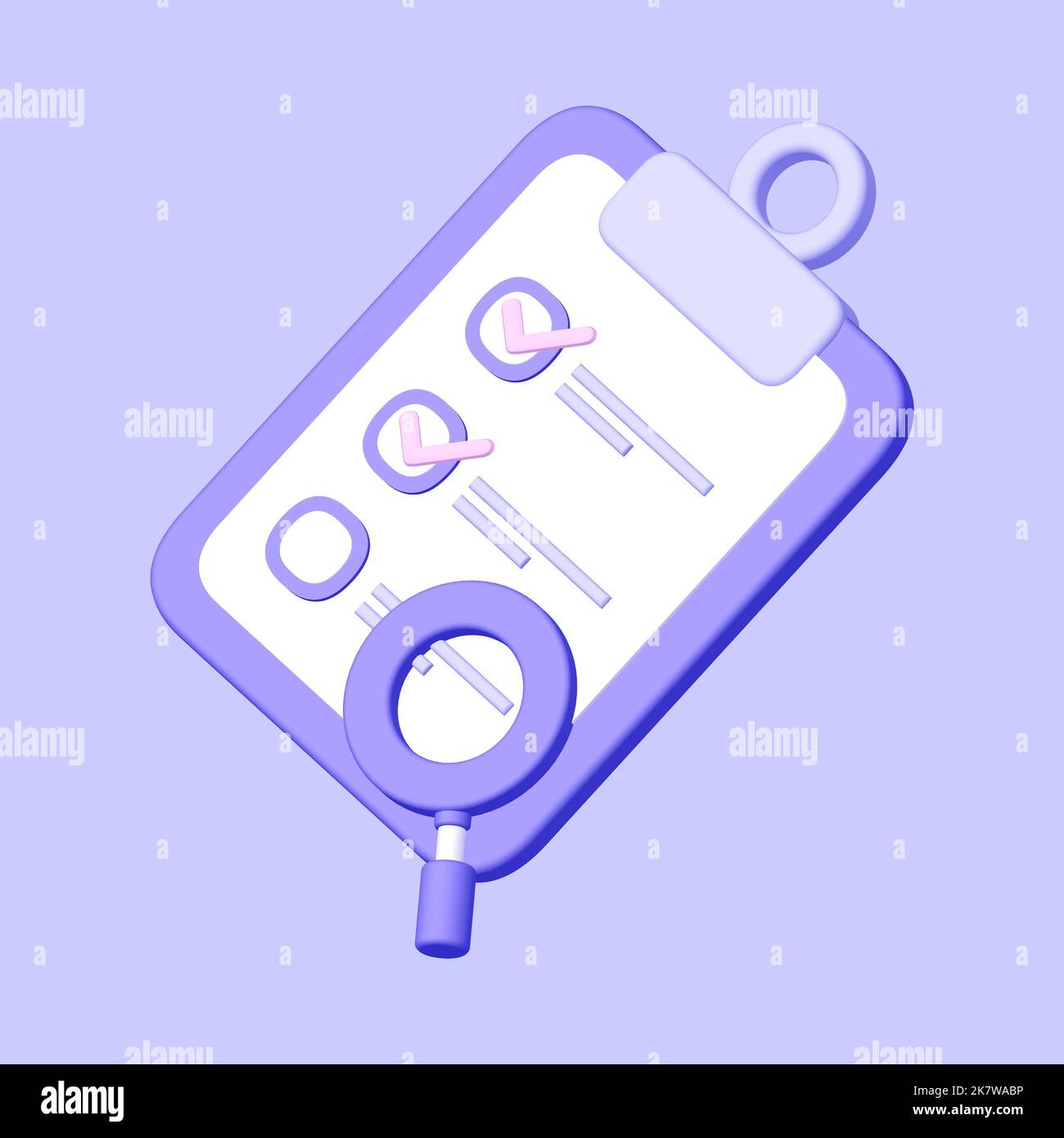 Document checklist icon with magnifying glass. Isolated on blue. 3D ...