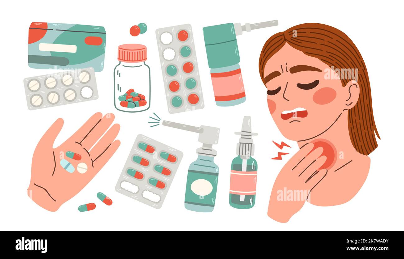 Sore throat of girl, pain and inflammation in neck. Woman holds on to ...