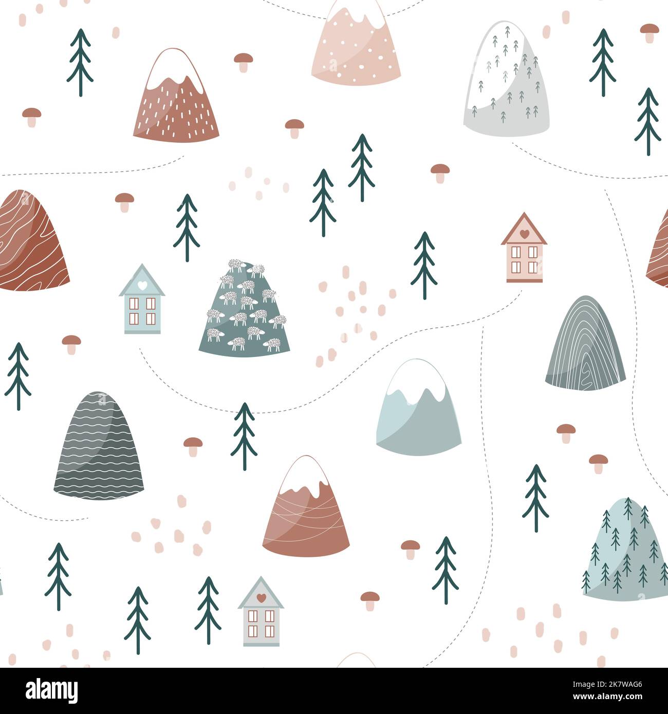 Mountain landscape with trees and houses. Childish cartoon seamless ...
